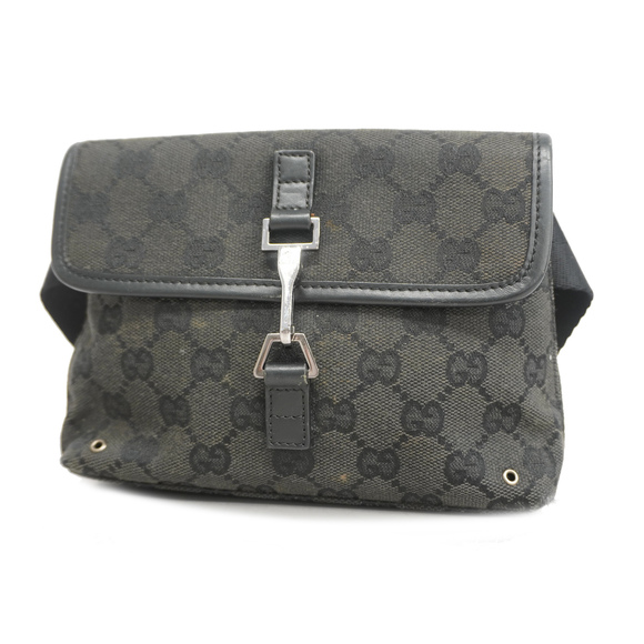 Gucci | Bags | Auth Gucci Body Bag Gg Canvas 92543 Black Silver Metal ...